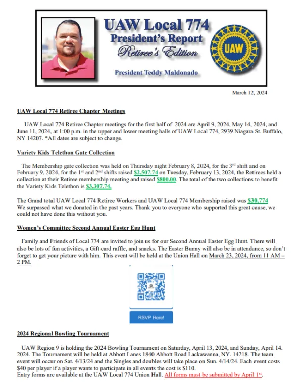 Retiree Update - March 12, 2024 | UAW Local 774