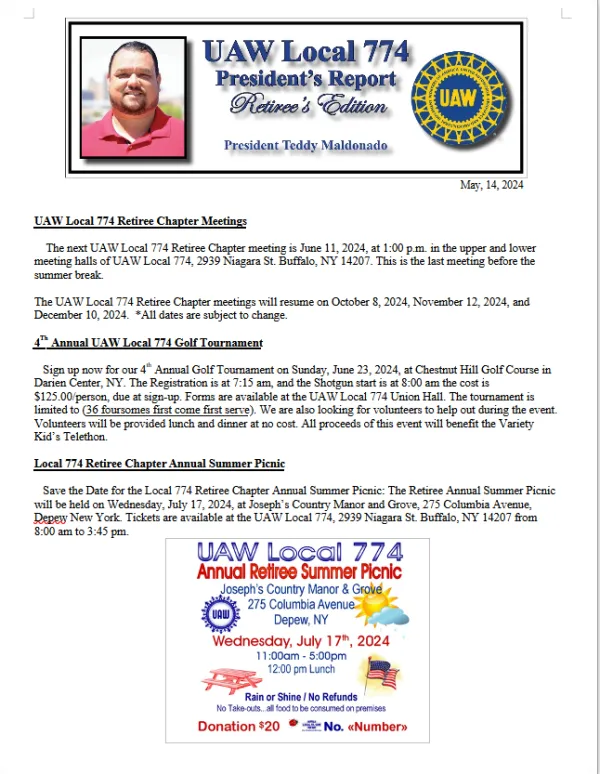 Retiree Update - May 14, 2024 | UAW Local 774