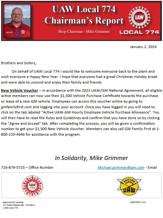 Shop Chairman's Report - January 2nd, 2024 | UAW Local 774